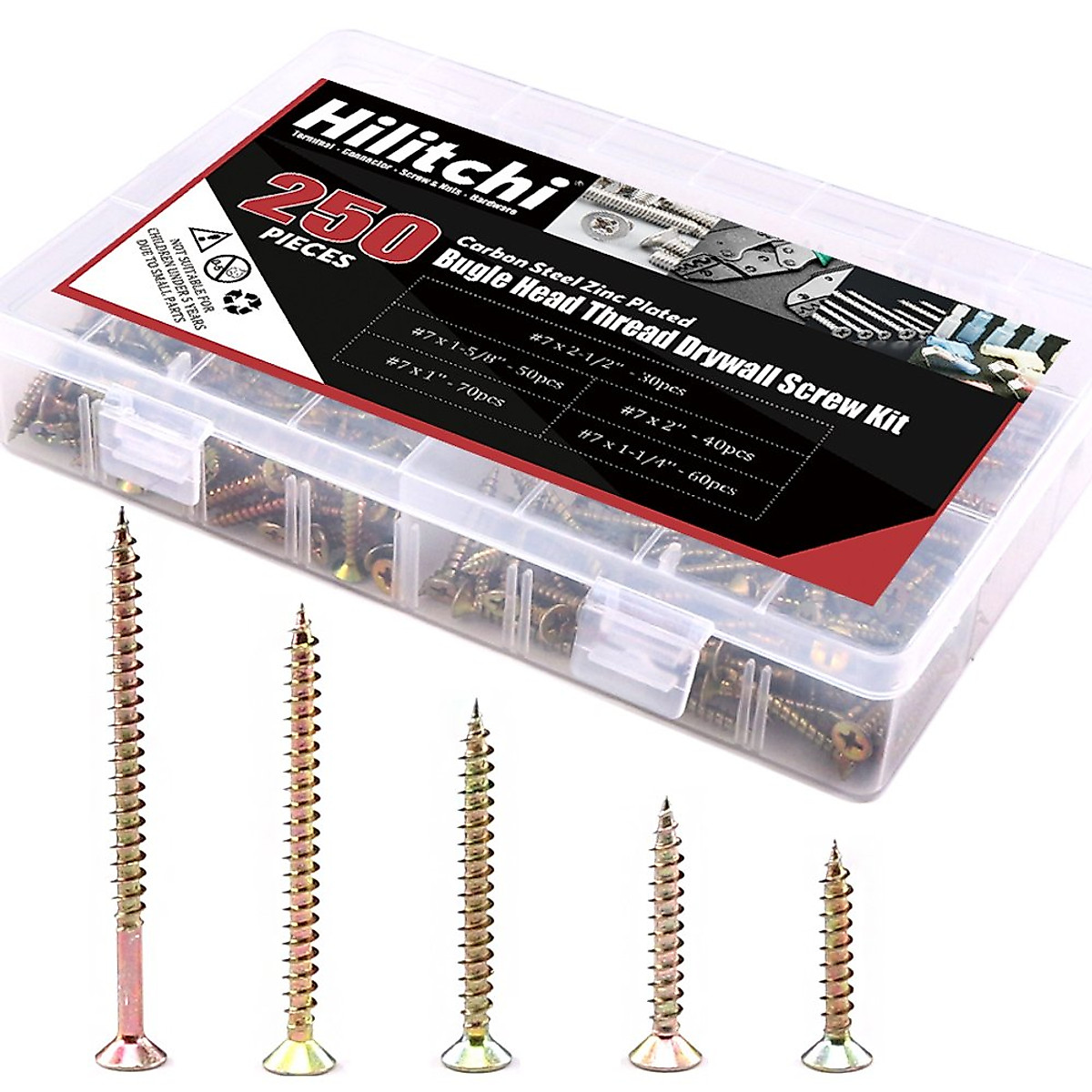 Hilitchi 250-Pcs #7 Phillips Bugle Head Coarse Thread Drywall Screw Assortment Kit, Carbon Steel Zinc Plated, Ideal Screw for Drywall Sheetrock, Wood, and More