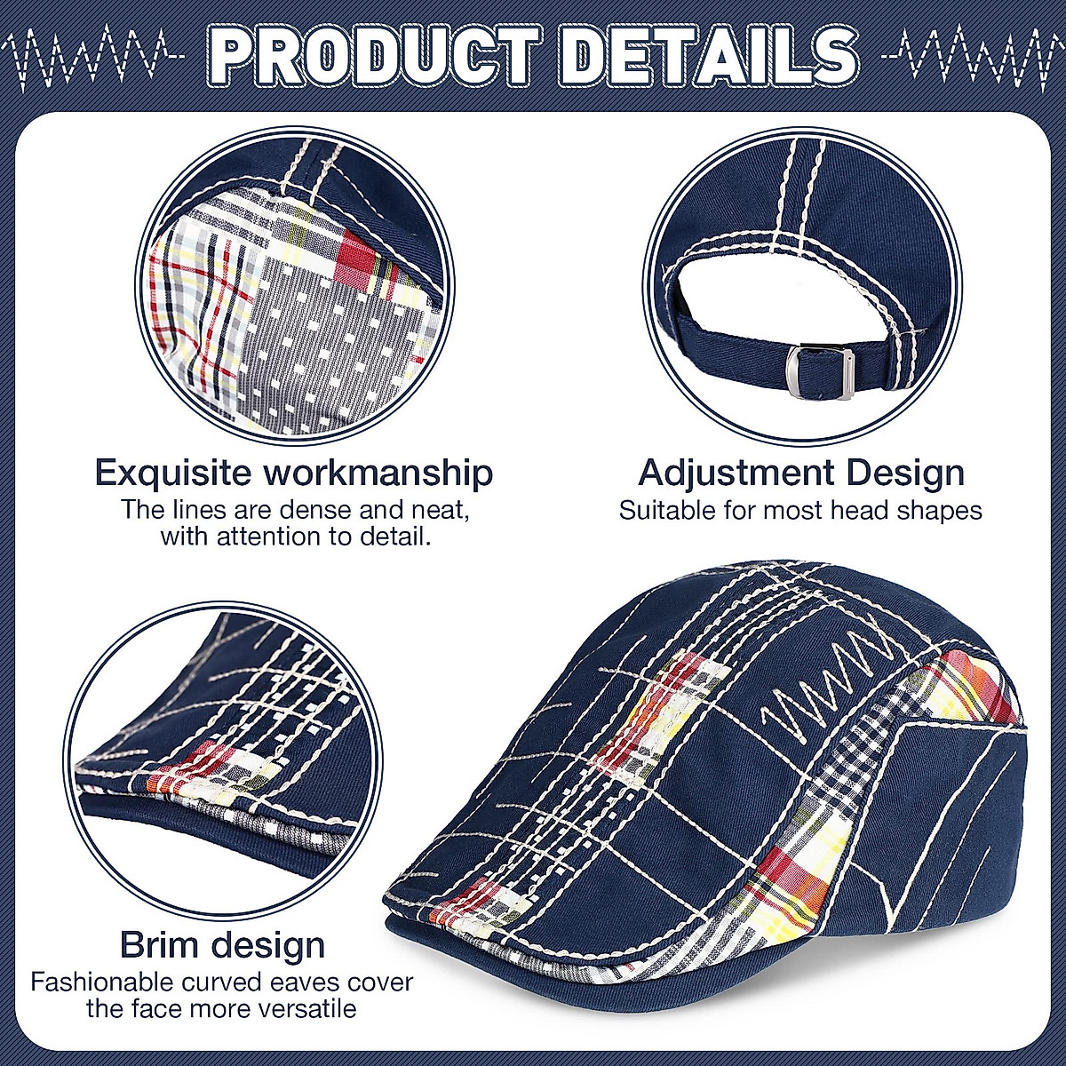 Geyoga 3 Pack Men Beret Hat Patchwork Newsboy Hats Adjustable Cabbie Hats for Men Cotton Flat Cap for Driving Hunting Fishing Outdoor Activities