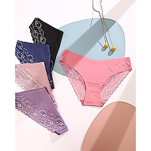 FINETOO Underwear for Women Lace Sexy Hipster V Cut No Show Bikini Panties Seamless Cheeky 5 Pack S-XL
