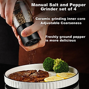 ANDONG Premium Salt & Pepper Grinder Set of 4, Refillable Pepper Mill & Salt Mill with Manual Adjustable Ceramic, Glass Shaker
