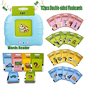 Educational Toddler Toy Flashcards Device,WONFAST 112PCS Double-Sided Illustrations Words Audible Preschool Learning Flash Cards Reader for Kids Boys Girls Birthday Christmas Children Gifts (Blue-1)