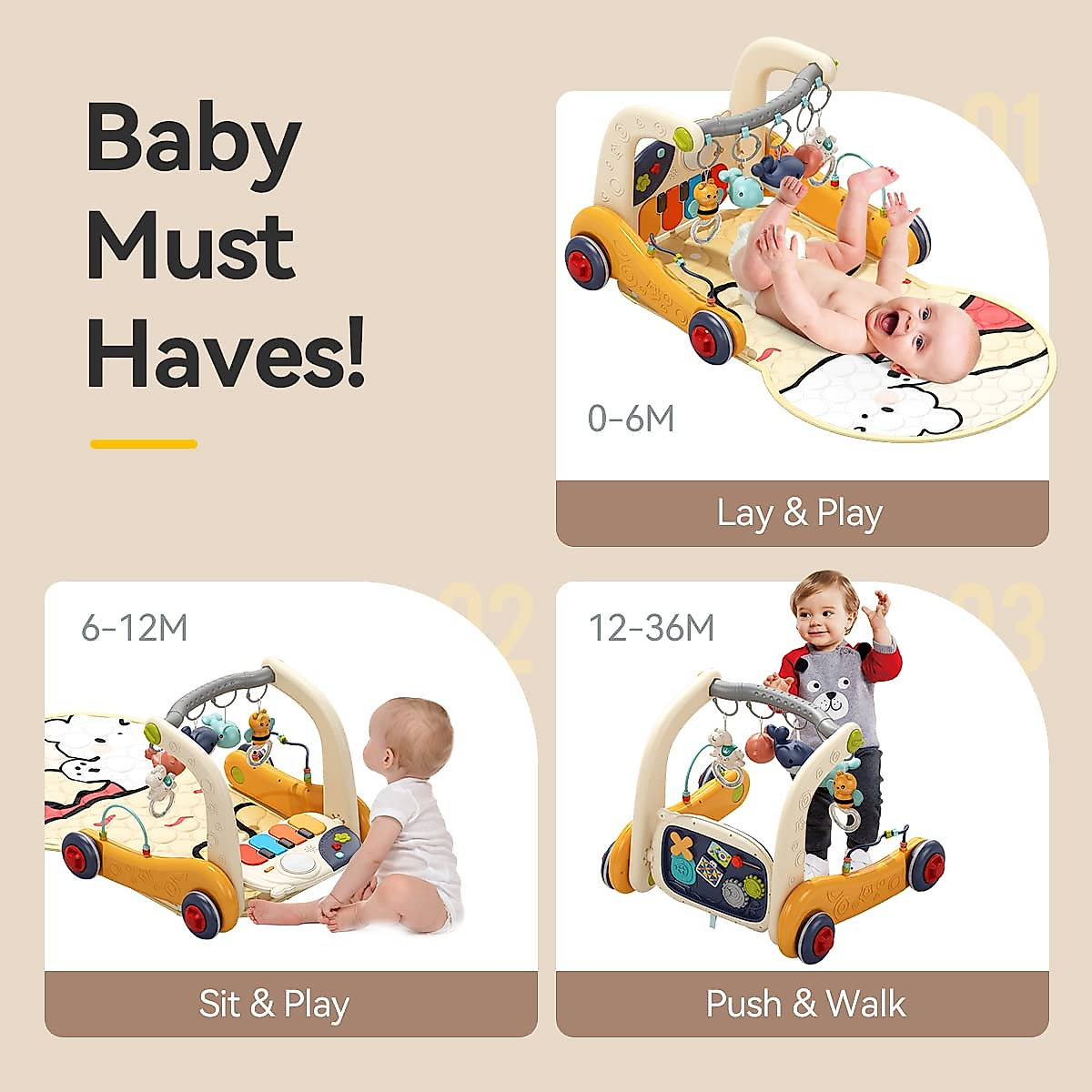 Baby Play Mat Gym,4-in-1 Baby Kick and Play Piano Tummy Time Mat Learning Walker-Musical Activity Center with Lights Seat and Push Walkers Ideas for Baby Newborn 0-6-12 18 Months Boy Girl