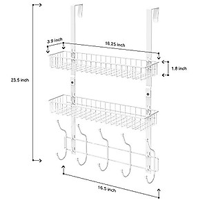 BTY Over The Door Hooks Organizer Hanger Metal Door Towel Hook Rack with 5 Hooks and 2 Baskets Door Coat Rack Storage Organizer for Bedroom Bathroom Kitchen (White)