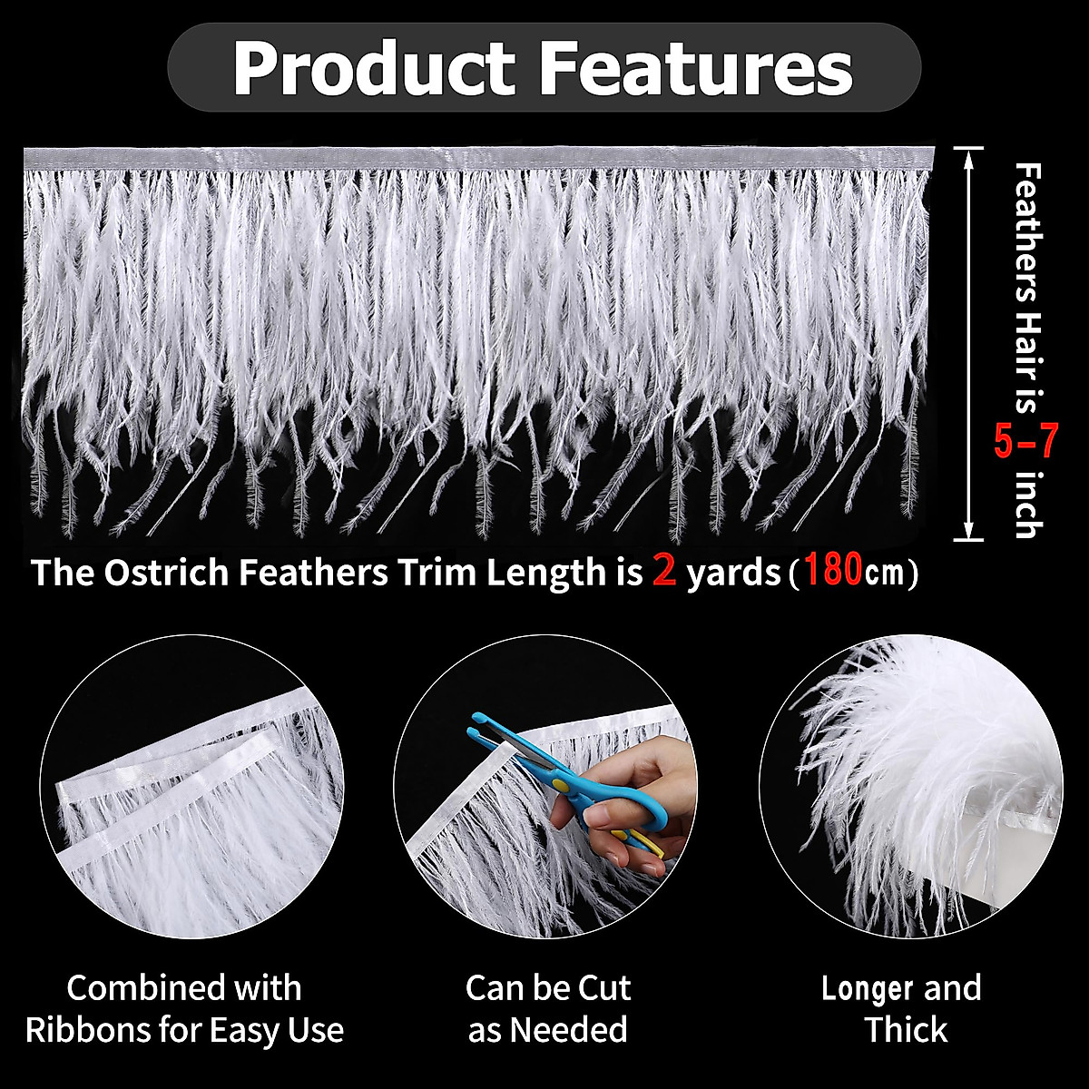 Soarer White Ostrich Feather Trim - 2Yards 5-7inch Feathers Fringe Trim for DIY Sewing Clothing,Wedding,Christmas Home Party(White)