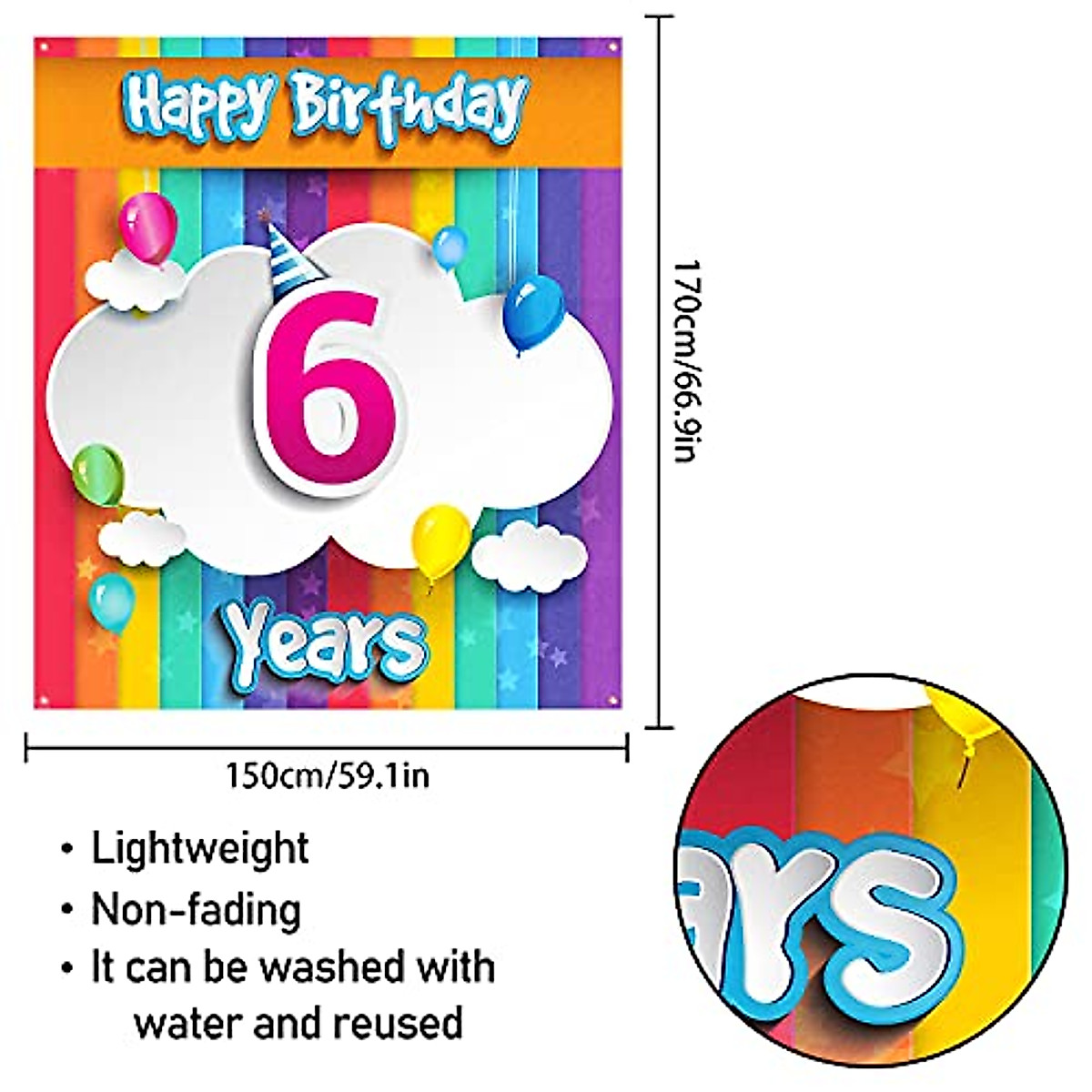Happy 6th Birthday Backdrop Banner Decor Colorful - Rainbow Balloons Cloud Happy 6 Years Old Birthday Party Theme Decorations for Girls or Boys Supplies