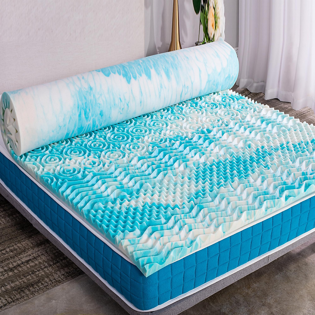 Askme 2 Inch 7-Zone Queen Memory Foam Mattress Topper, Cooling Gel Foam Mattress Topper for Pressure Relief,Bed Topper in a Box CertiPUR-US Certified, Queen Size