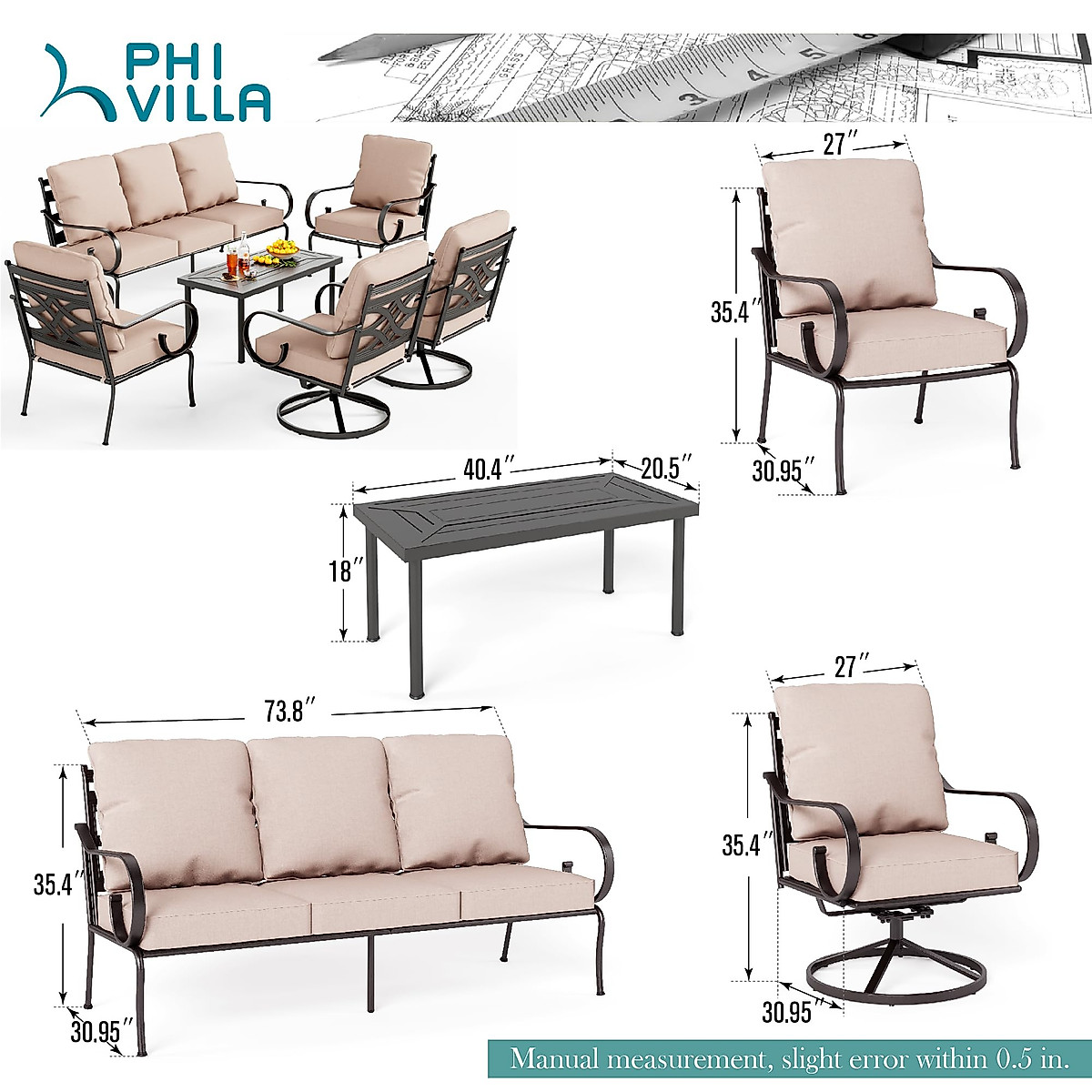 PHI VILLA Metal Patio Outdoor Furniture Sets,Large Heavy Duty Patio Conversation Sets for Backyard, Porch and Garden（Beige, 6 pcs w/Table）