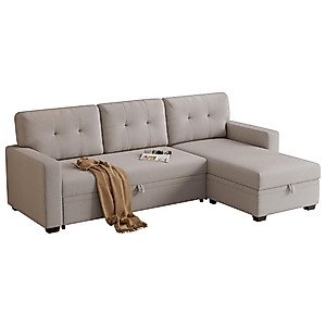 Acosure 82" Sectional Small Sofa with Pull Out Bed,L-Shape Upholstered Sleeper Couch W/Storage Chaise,Tufted Backrest Design,3 Seat Linen Convertible Sofas for Living Room Apartment Office,Beige