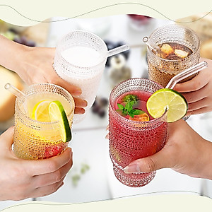 CWHHRN 16OZ Glass Cups with Lids and Straws, Vintage Embossed Glassware for Whiskey Cocktail Beer, Iced Coffee Cups with Lid, Glass Tumbler with Straw and Lid (2 PACK)