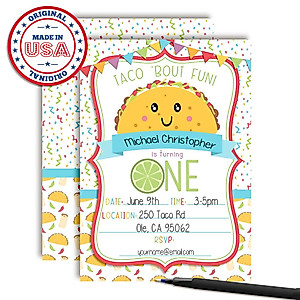 Taco 'Bout Fun Taco Themed First Birthday Fiesta Party Invitations, 20 5x7 Fill In Cards with Twenty White Envelopes by AmandaCreation
