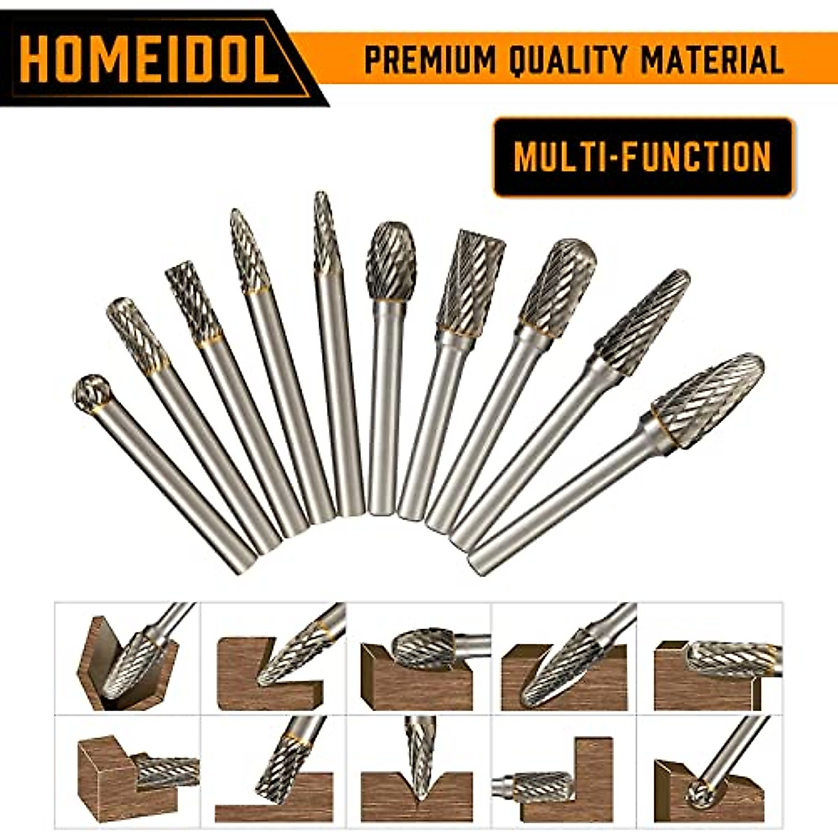 Carbide Burr Set Die Grinder Bits Rotary Tool Bits 1/4" Shank 10 PC Double Cut Wood Carving Accessories Cutting Burrs Metal Grinding Engraving Polishing Porting Trimming