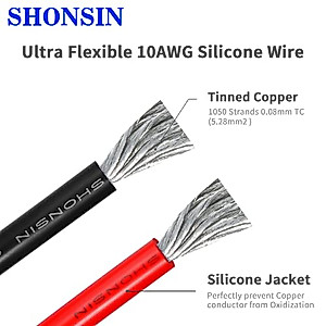Shonsin 10 Gauge Silicone Wire Spool 50FT Red, Extremely Flexible 10 AWG Automotive Wire, 1050 * 0.08mm Tinned Stranded Copper (5.3mm2) High Temp 392℉/200℃ Rating 46 Amp 600V