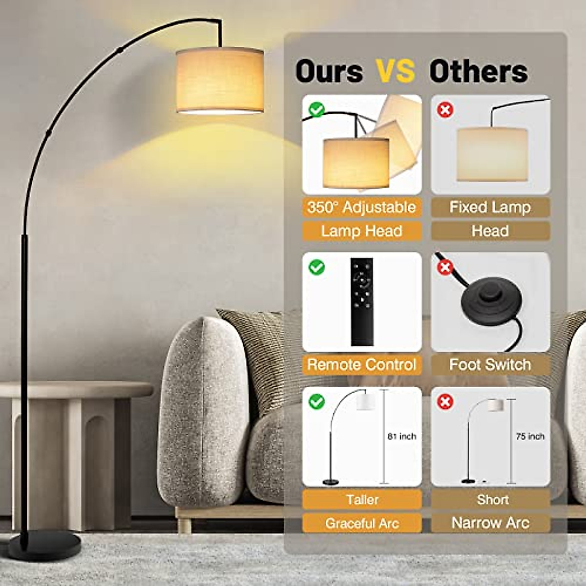 OUTON Arc Floor Lamp with Remote Control, 81" Height Dimmable LED Floor Lamp with Stepless Color Temperature, Modern Tall Standing Lamp with Adjustable Hanging Drum Shade for Living Room, Bedroom