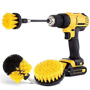 HIWARE Drill Brush Attachment Set, Yellow, Plastic Handle, 3 Sized Brush Heads for Cleaning Bathtub, Shower, Floor, Carpet, Kitchen, Bathroom, and More