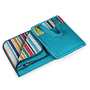 ONIVA - a Picnic Time brand - Vista Outdoor Picnic Blanket & Tote - Beach Blanket - Camping Blanket, (Fun Stripe Pattern with Aqua Blue Exterior)