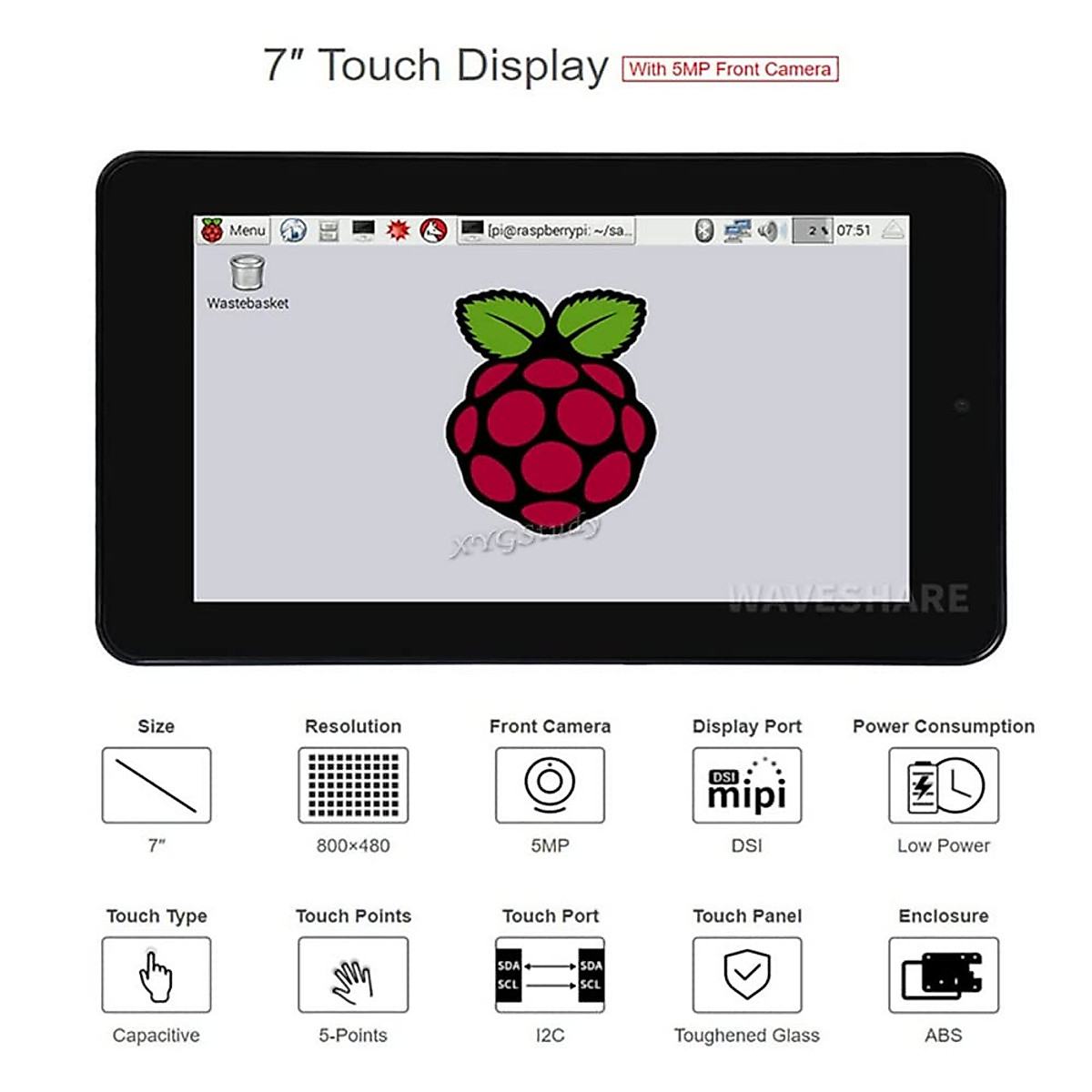 for Raspberry Pi 7inch Capacitive 800×480 Touch Display Screen with Protection Case 5MP Front Camera and DSI Interface for Raspberry Pi 4 Model B @XYGStudy (7inch DSI LCD (with cam and case))