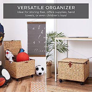 Best Choice Products Water Hyacinth Rolling Filing Cabinet, Woven Mobile Storage Basket, Portable File Organizer for Legal & Letter Size Memos w/Lid, 4 Locking Wheels - Natural