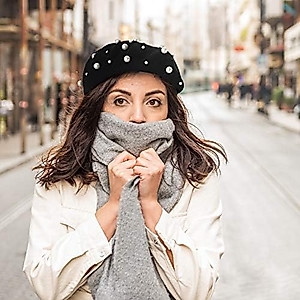 Pearl Autumn Winter Cashmere Beret Starry Beaded Pearl Rivet Wool Beret (Black)