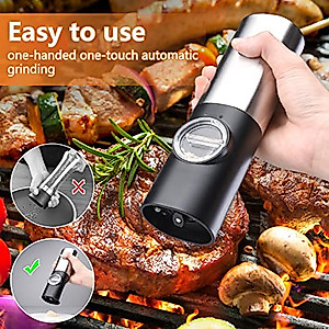 HIVIEW Electric Salt and Pepper Grinder Set Battery Operated，Automatic Pepper Mill,Adjustable CoarsenessOne Handed Operated, Salt and Pepper Shakers wiht LED Light,Stainless Steel-2 Pack