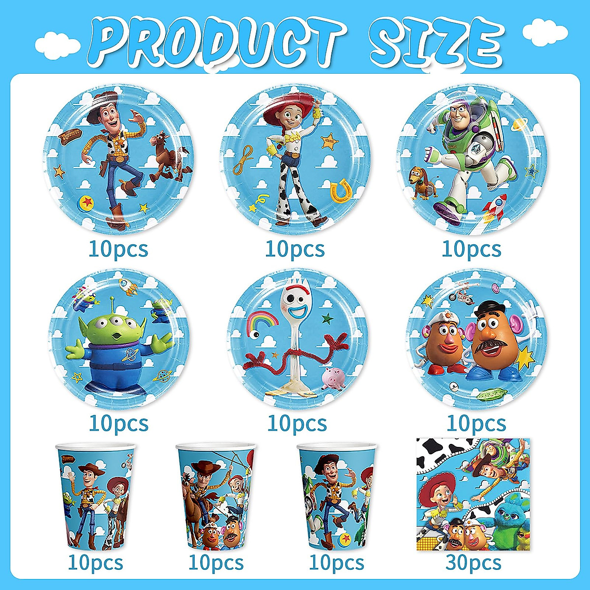 Toy Inspired Story Birthday Party Supplies Toy 120pcs Disposable Story Paper Plates and Napkins for Toy Inspired Story Party Decorations Cups Tablecloth for Boys Girl Birthday Decor, Serve 30