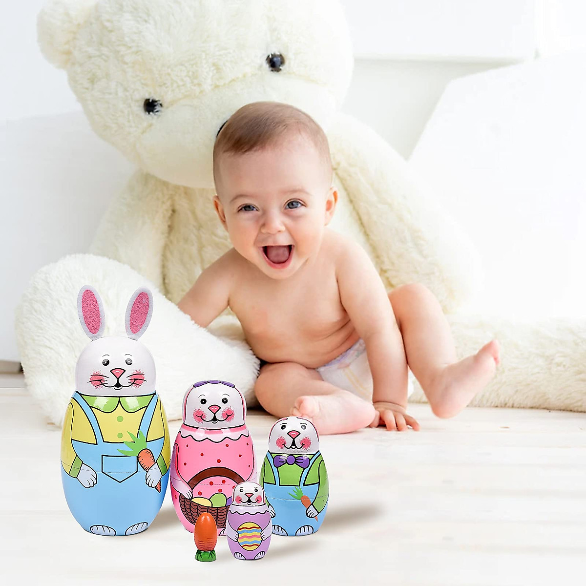 HYSIGUAN Easter Bunny, Handmade Easter Wooden Toys for Toddlers, 5 Pcs Russian Nesting Dolls, Special Easter Eggs Decoration for Home, Gifts, Table, Bedroom, Kitchen (Rabbit)