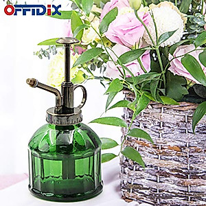 OFFIDIX Glass Plant Mister, 6.3 Inches Tall Vintage Style Spritzer Bronze Plastic Top Pump One Hand Watering Can Indoor Plant Spray Bottle for Garden, Plants, Cleaning (Dark Green)