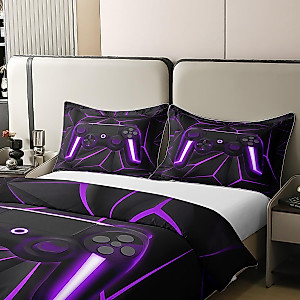 Erosebridal Gaming 100% Cotton Duvet Cover for Boys Girls Game Console Bedding Set Kids 3D Gaming Geometric Reversible Comforter Cover Gamer Gamepad Console Bed Sets with 1 Pillowcase Twin,Purple