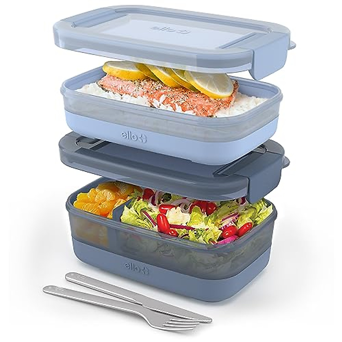Ello 2-Pack Lunch Stack Plastic Food Storage Container Bento Box with Airtight, Leak-Proof Locking Plastic Lids and Silicone Base, BPA-Free, Freezer, Microwave, and Dishwasher Safe, Blueberry