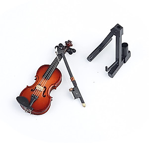 Dselvgvu Wooden Miniature Violin with Stand, Bow and Case Mini Musical Instrument Violin Replica Collectible Figurines Dollhouse Accessories Model Home Decoration Display Ornament (3.15"x1.18"x0.59")
