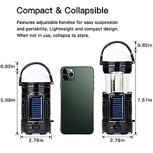 2 Pack Black 5 in 1 Solar USB Rechargeable 3 AAA Power Brightest COB LED Camping Lantern with S Charging for Device, Waterproof Collapsible Emergency Flashlight LED Light