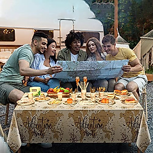 130 Pcs Travel Party Decorations Adventure Awaits Bon Voyage Party Supplies World Map Tablecloth Sets Includes Travel Plates Tablecloth Cups Straws Knife Forks Napkins for Birthday Party