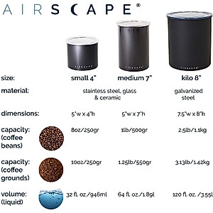 Planetary Design Airscape Stainless Steel Coffee Canister - Set of 2 - Food Storage Container - Patented Airtight Lid Pushes Out Excess Air - Preserve Food Freshness (Small & Medium, Matte Black)