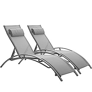Leisurelife Adjustable Chaise Lounge Chairs Outdoor with Pillow, Set of 2, Grey, Aluminum, Zero Gravity
