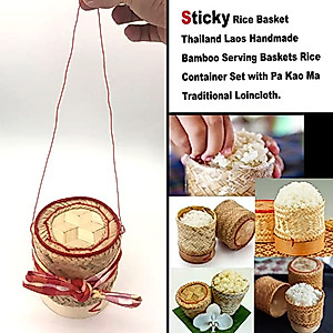 GoldleafKing Pack of 2 Small Sticky Rice Basket Size 3.5 Inches Thailand Laos Handmade Bamboo Serving Baskets Rice Container Set with Pa Kao Ma Traditional Loincloth