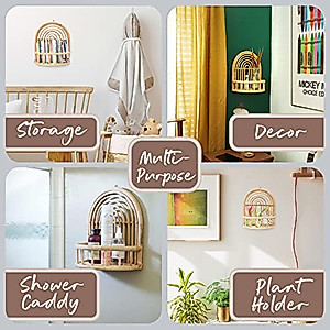 Birdie Designs Rattan Shelf - 14.5 x 12.5 Neutral Rainbow Nursery Decor - Wall Mount Basket Hand Made Wicker Shelf - Hanging Storage Organizer