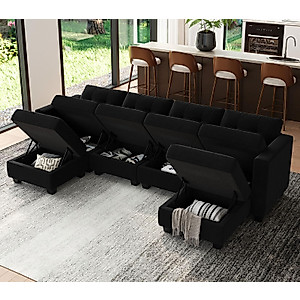 Belffin Modern U Shaped Modular Sectional Sofa with Storage Seats, 6 Seats Sleeper Couch with Reversible Chaise, Modular Oversized Sectional with Ottomans, Black