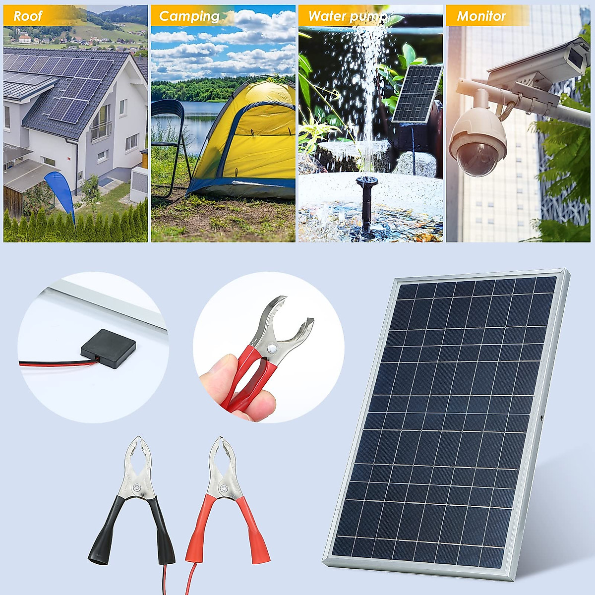 HUIOP Solar Panel Kit,30W D C 12V/18V Solar Panel Kit Set with Alligator Clip/ IP65 Water Resistance for Home Indoor Outdoor Use Portable