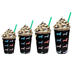 Funny Dachshund Dog Reusable Iced Coffee Sleeve, Decorative Dogs Insulator Sleeve for Cold Drinks Beverages Neoprene Cup Holder for Cold Drink Cups-(26-28oz)