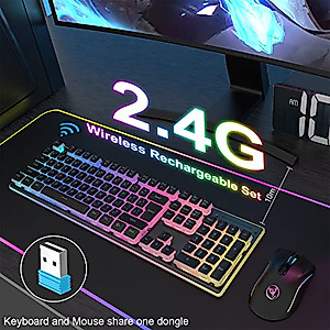 Wireless Gaming Keyboard and Mouse Combo,Translucent Pudding Keycap,3650mAh Rechargeable Battery,RGB Ergonomic Mechanical Feel Keyboard,4800 DPi Rainbow Led Mute Mouse 2.4G USB for PC/Mac(Black)