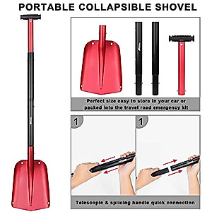 43" Aluminum Snow Shovel for Car Trunk Emergency, 4 Sections Collapsible Design Garden/Sport Utility Shovel Portable Snow Scoop Sand Mud Snow Removal Tool for Camping & Outdoor Activities (Red)