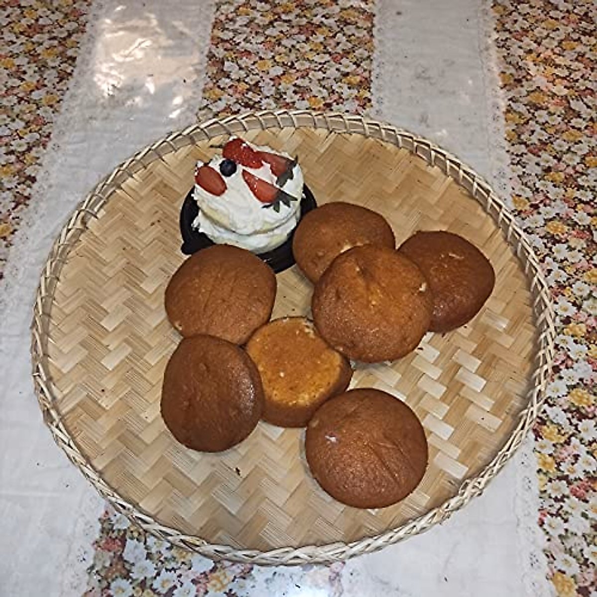 NewFerU Food Serving Tray Table Storage Plate Platter with Handles for 12" Bamboo Woven Dome Lid Cover to Keep out Bugs Flies for Picnic Party Bread Cake Pizza Dry Fruit Dessert Indoor Outdoor (1)