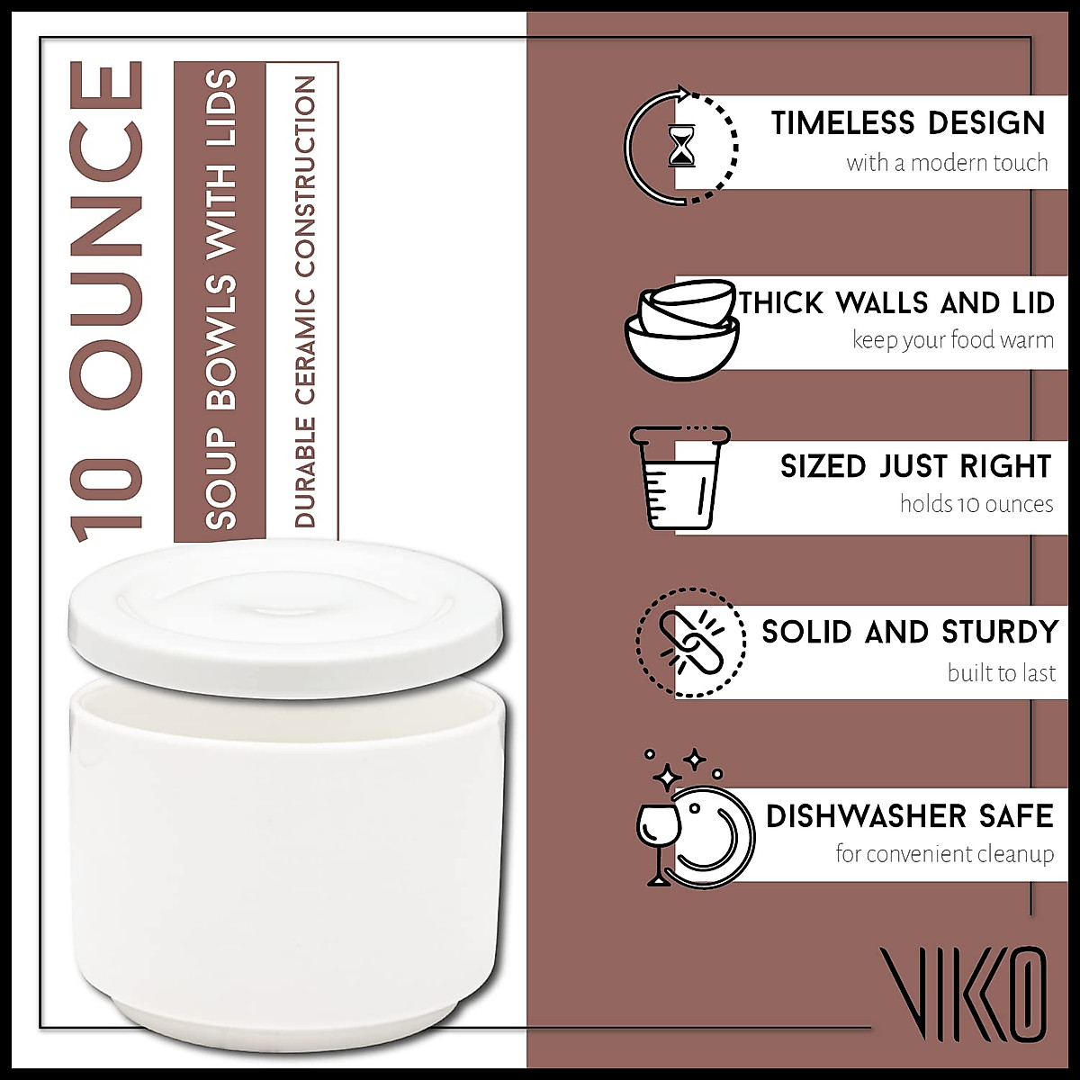 Vikko Soup Crocks With Lids, 10 Ounce Modern White Soup Bowl with Cover, Set of 4 Soup Dishes, Dishwash Safe