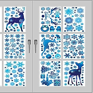 UOMNICUE 9 Sheets Christmas Window Cling Sticker, 213pcs Double Sided Blue Christmas Tree Reindeer Snowflake Window Decal Stickers for Glass Window Home Xmas Party Decorations Supplies