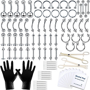 A-minusone 84 PCS Body Septum Piercing Kit 14G 16G Tools for Nose Tongue Lip Ear Eyebrow Belly Button Cartilage Tragus Industrial Barbell Helix Daith Piercing Jewelry Clamps