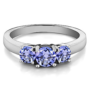 Gem Stone King 925 Sterling Silver Blue Tanzanite Engagement Ring | 1.06 Cttw | Round 5MM and 4MM | Gemstone Birthstone | 3 Stone Wedding Engagement Anniversary Promise Ring For Women (Size 8)