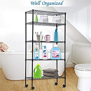 5 Tier Wire Shelving Unit NSF Heavy Duty Organizer Rack Height Adjustable Utility Steel Storage Shelves 14”W x 30”L x 60”H Commercial Grade Layer Shelf Metal Shelves w/Wheels for Garage Office Kitchen