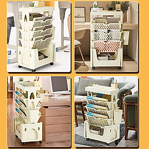 AVSMGP 5-Tier Movable Bookshelf, Rolling Utility Cart Space Saving Standing Shelf Unit Storage Rack Organizer, Multi-Functional Movable Storage Book Shelves for Study Office Kitchen Classroom,Pink