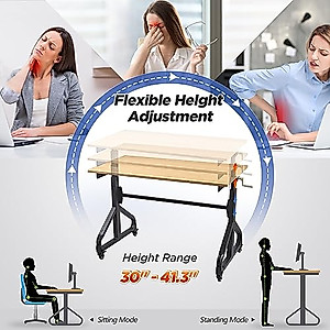 BMJX 43.3” Work Benches for Garage Height Adjustable Work Table with Crank Handle & Casters, Heights from 30” to 41.3”, Wooden Top Workbench for Workshop, Office, Home