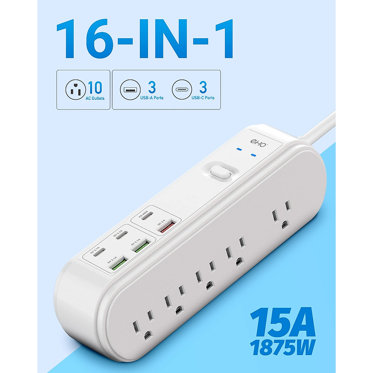 PD 40W USB C Power Strip Surge Protector, 10 Outlets and 6 USB Ports, Flat Plug Desktop USB C Super Fast Charging Station QC 18W Power Bar with 6ft Extension Cord for Home/Office, 1875W/15A, 4500J