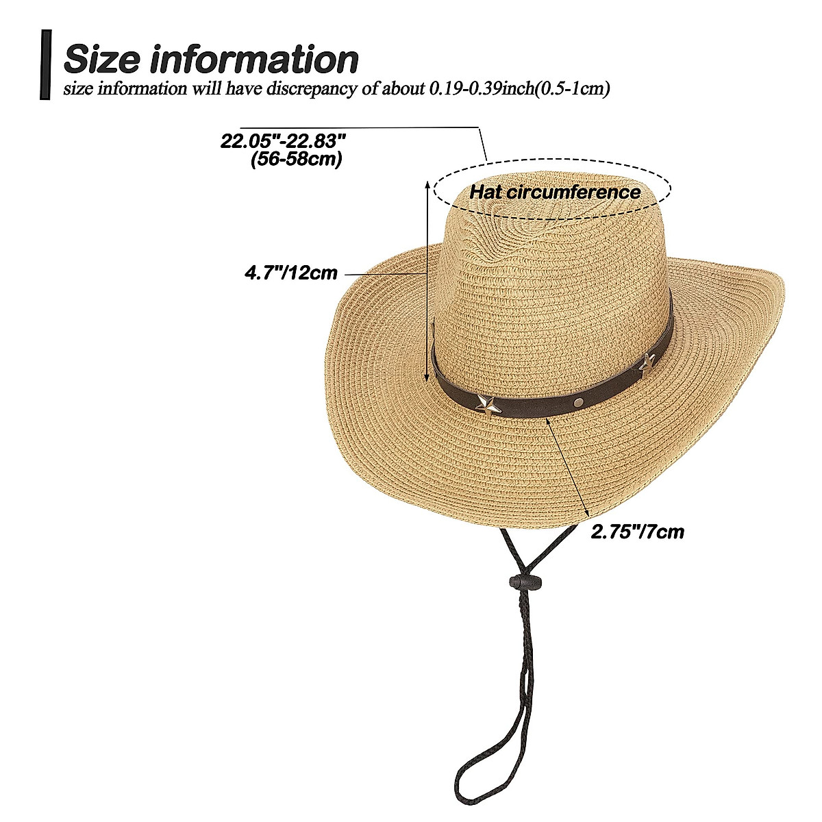 Straw Cowboy Cowgirl Hat for Men Women Wide Brim Sun Hat Western Style with String Khaki